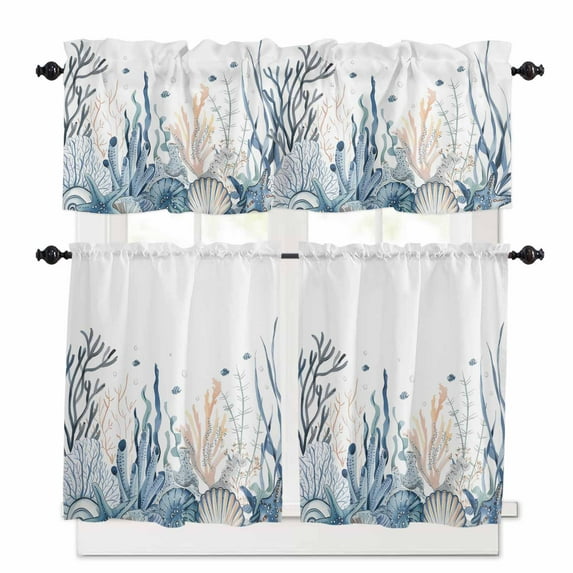 Blue Ocean Kitchen Curtains Valance and Tier Set Coral Starfish ...