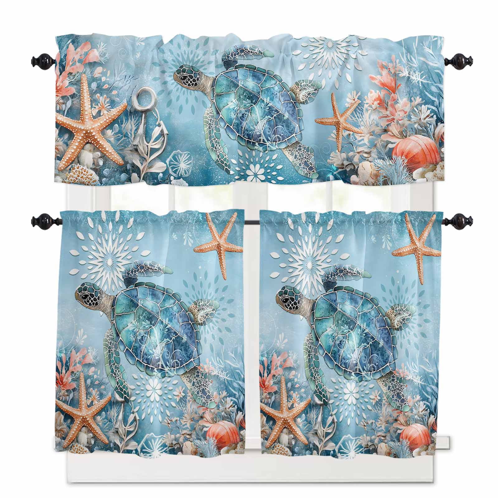 Blue Ocean Kitchen Curtains and Valances Set, Sea Turtle Coral Starfish ...