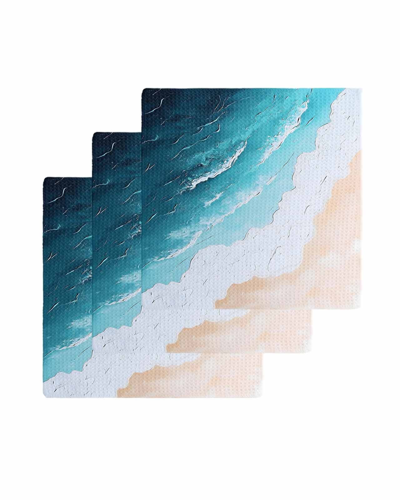 Blue Ocean Kitchen Dish Towels for Drying Dishes Set of 3, Summer Ombre Beach Waves Coastal ...