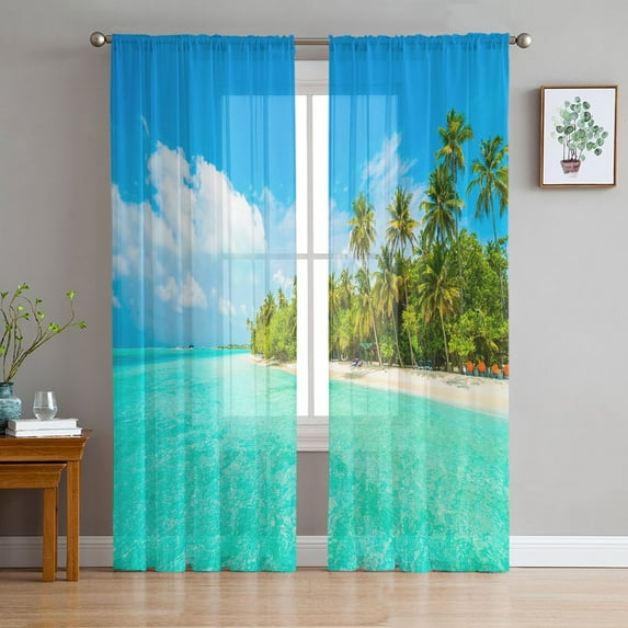 Blue Ocean Landscape Print Sheer Window Panel Curtains Room for Living ...