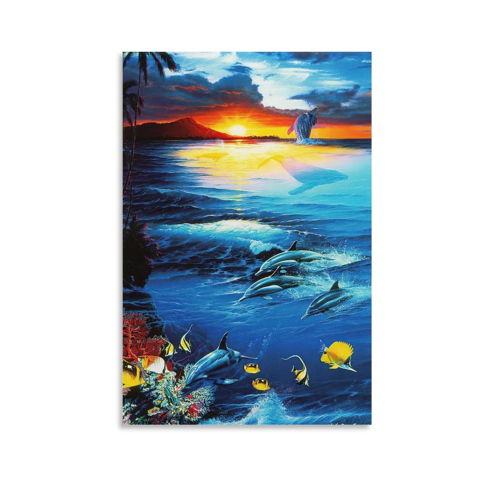 Blue Ocean Lassen Colorful Ocean Seascape Sunset Dolphin Whale Poster ...