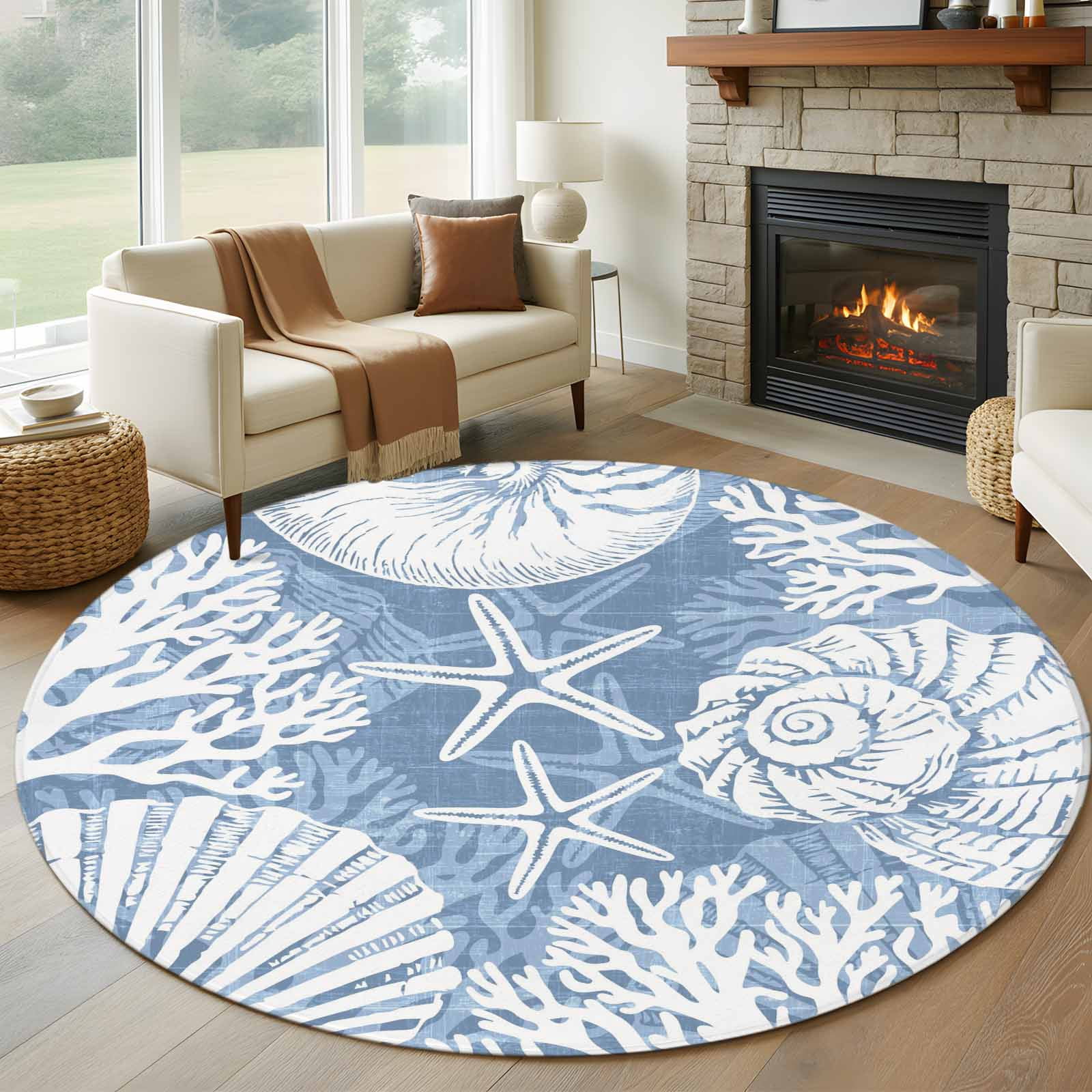 Blue Ocean Life 5FT Round Area Rugs for Living Room Coastal Starfish ...
