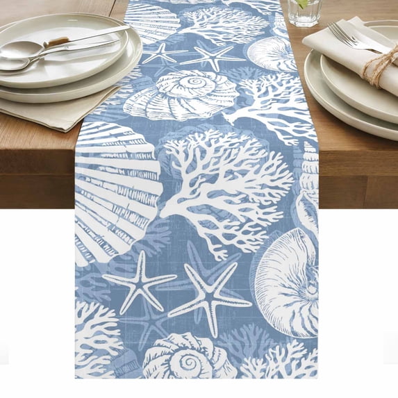 Blue Ocean Life Cotton Linen Table Runner Coastal Starfish Nautical ...