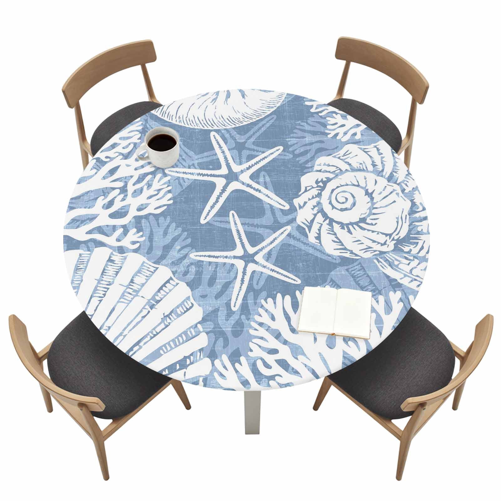 Blue Ocean Life Round Fitted Table Cover Coastal Starfish Nautical ...