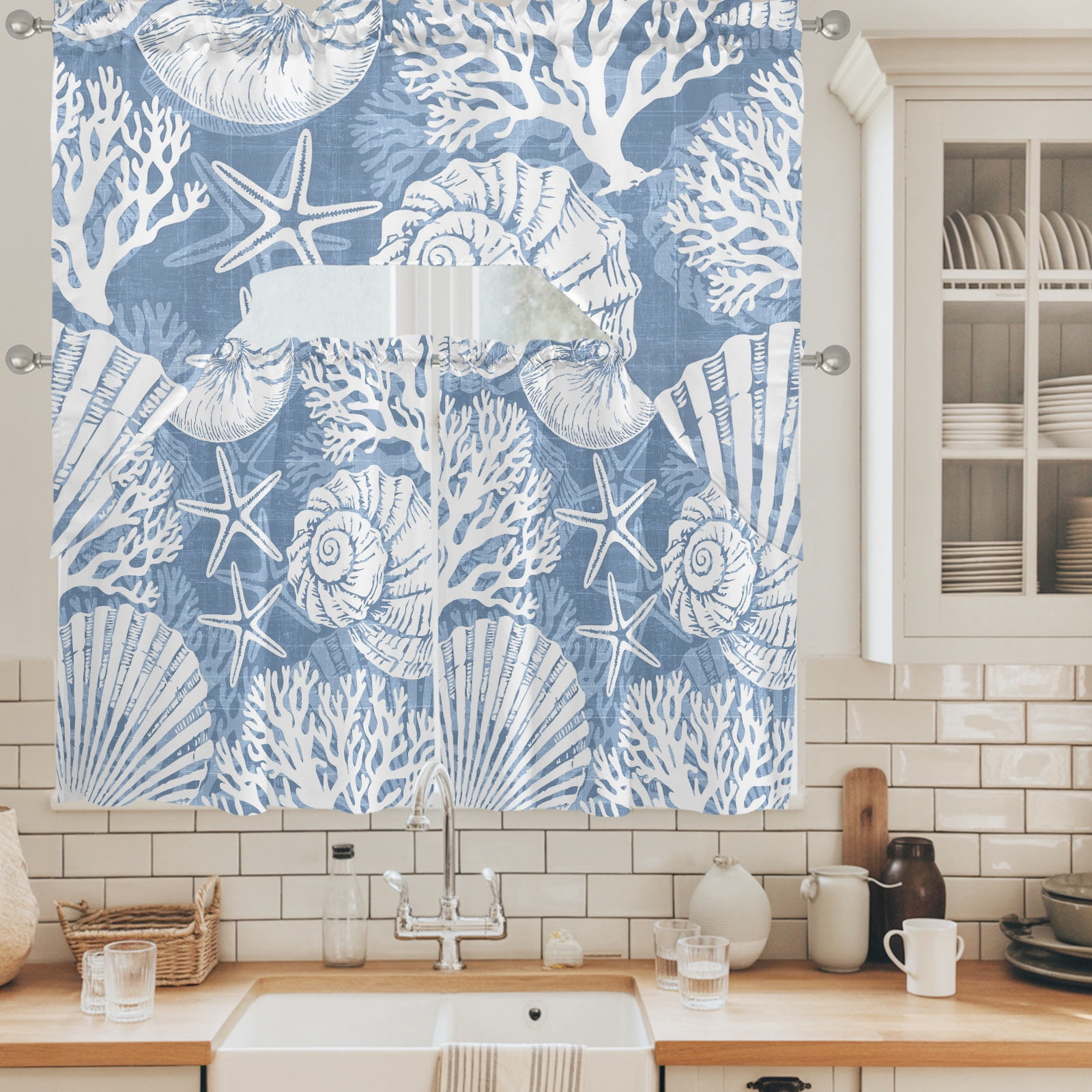 Blue Ocean Life Swag Curtains Valance and Tier Set, Coastal Starfish ...