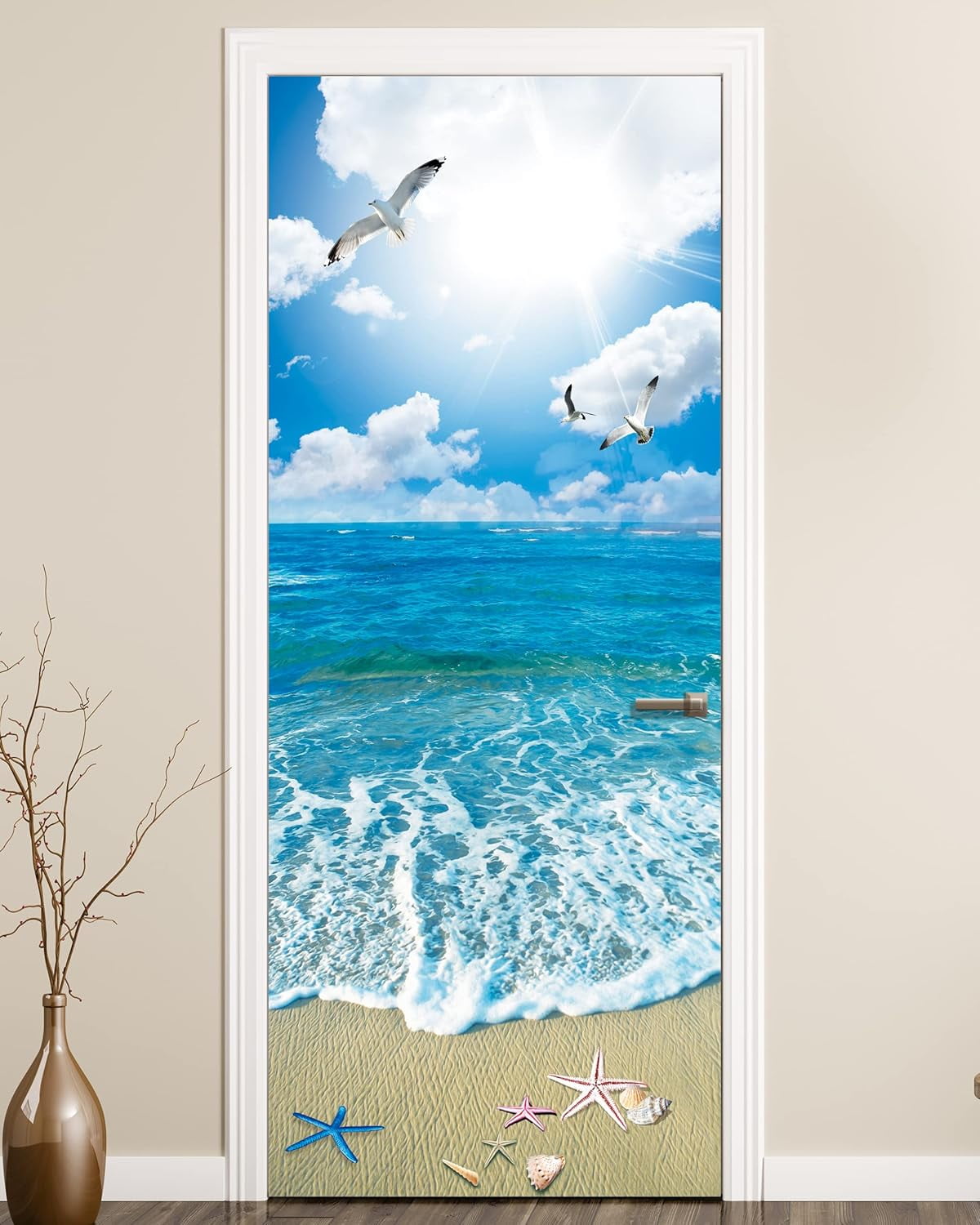 Blue Ocean Moon Light Door Sticker Wallpaper PVC Adhesive Doors Scenery ...