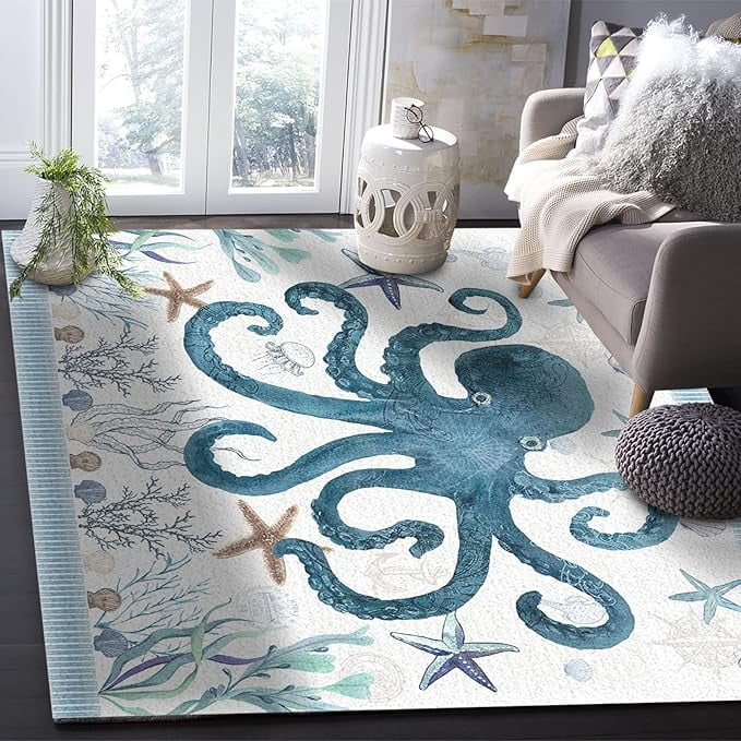 Blue Ocean Octopus Area Rug for Living Room Bedroom, Beach Nautical ...