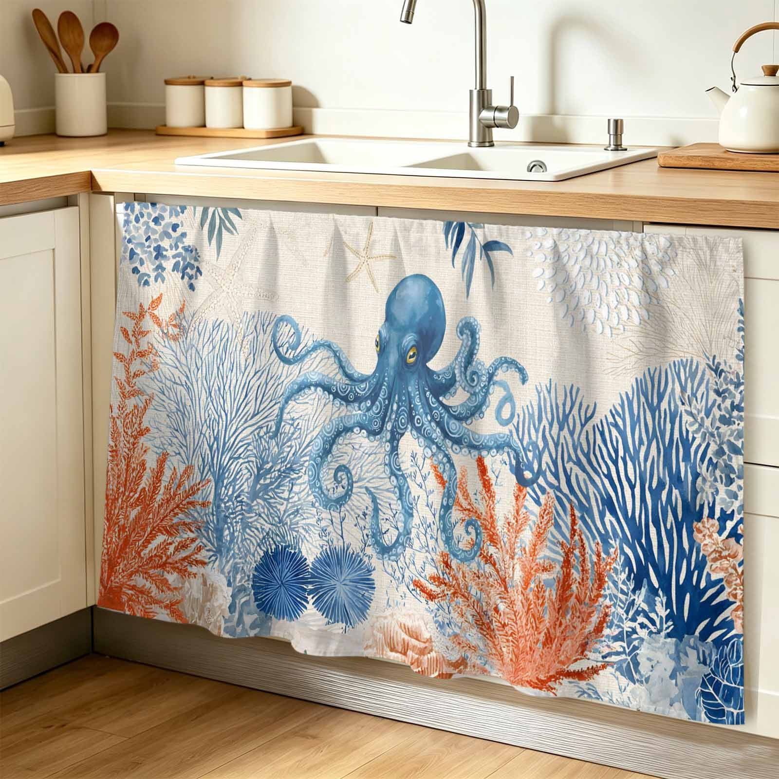 Blue Ocean Octopus Cabinet Curtain 28"W x 51"L, Coastal Nautical Coral ...