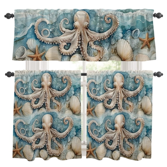 Blue Ocean Octopus Kitchen Curtains Set for Windows, Nautical ...