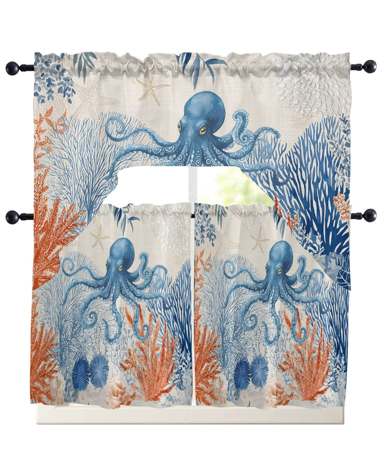 Blue Ocean Octopus Kitchen Curtains Sets 24 Inch Length with Valance ...