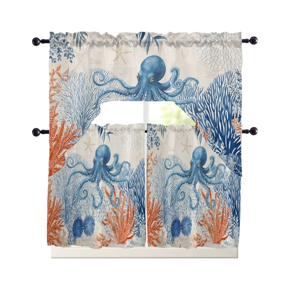 Blue Ocean Octopus Kitchen Curtains Sets 24 Inch Length with Valance ...