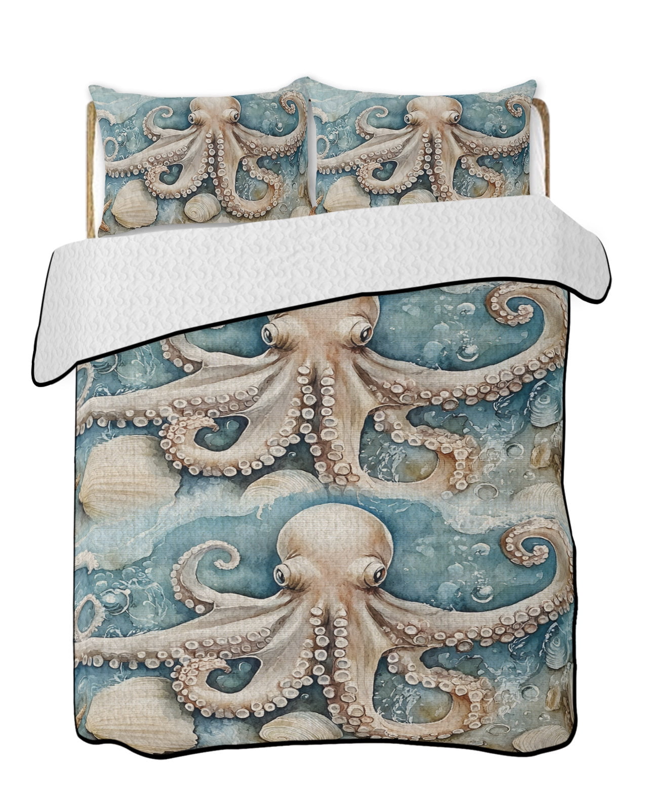 Blue Ocean Octopus Quilts Bedding Set King Size Nautical Watercolor Sea ...