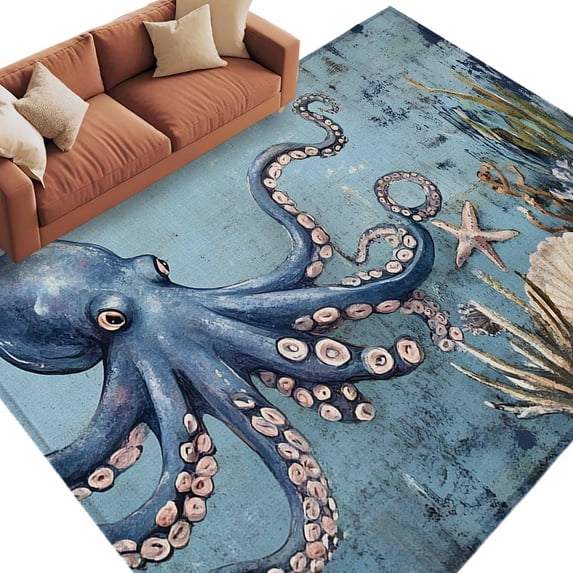 Blue Ocean Octopus Rectangle Area Rug 8x10 ft Nautical Sea Octopus ...