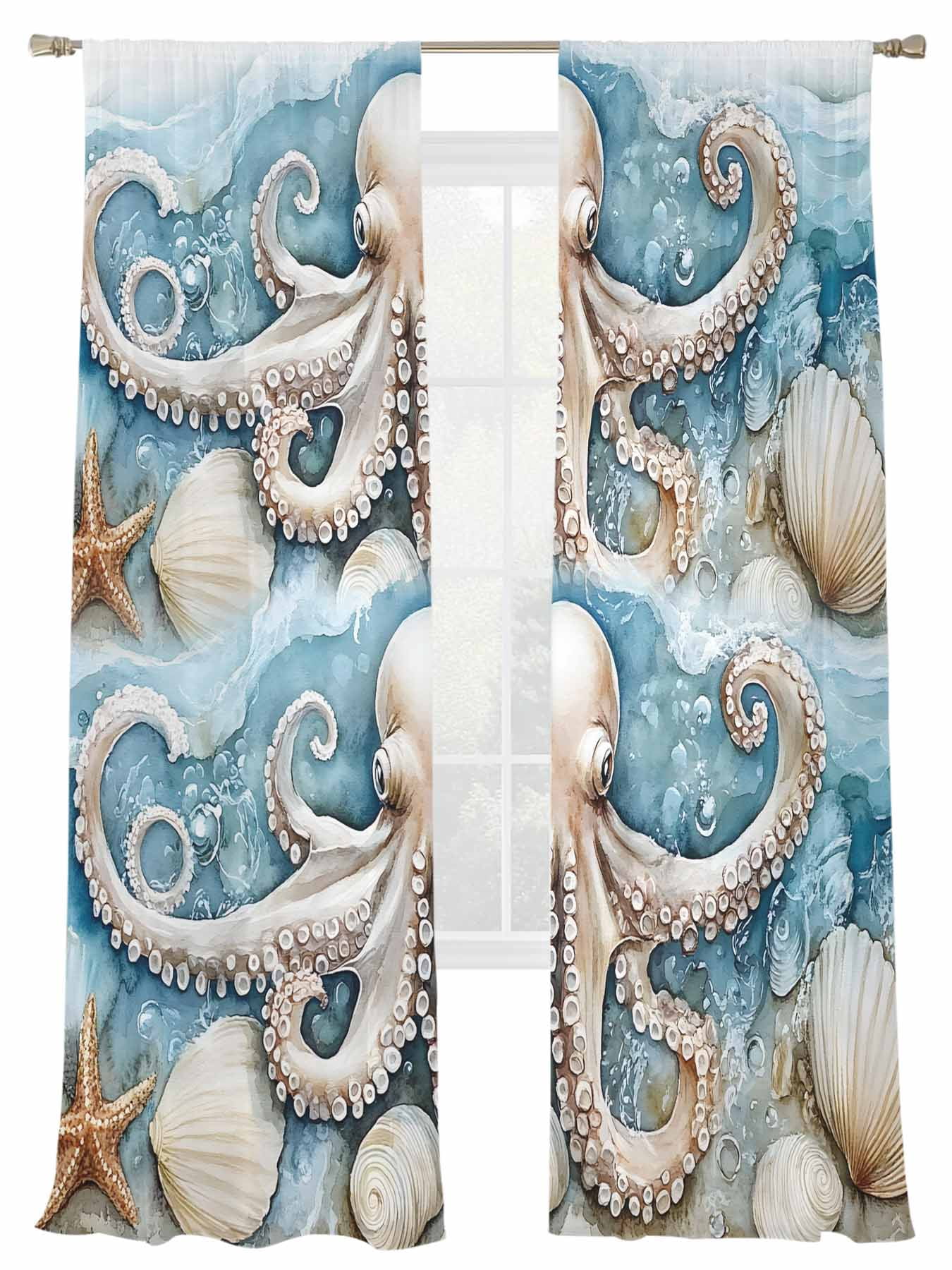 Blue Ocean Octopus Sheer Curtains 96 Inch Long 2 Panels, Nautical ...