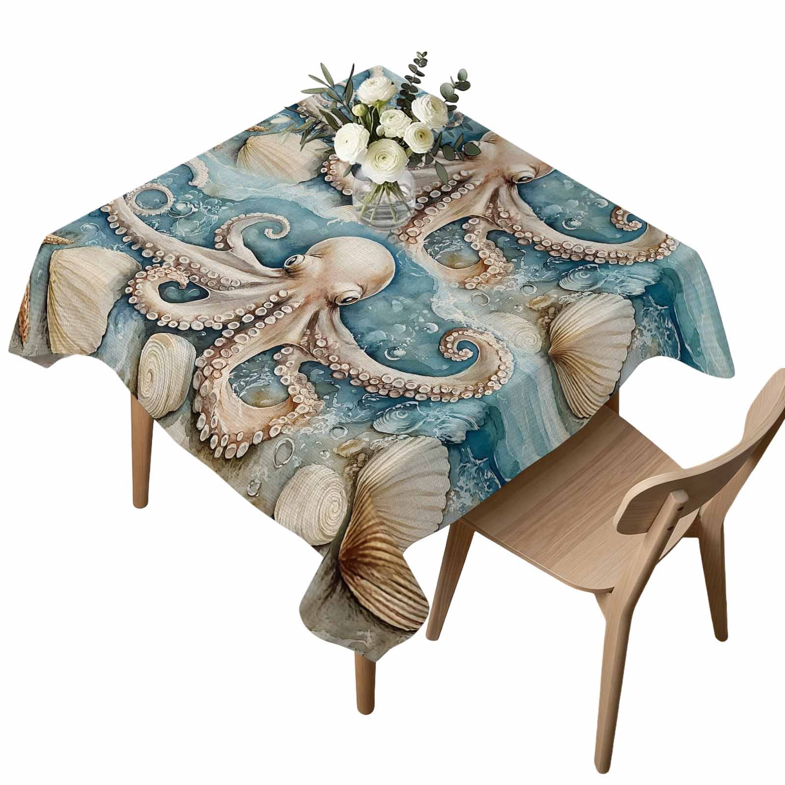 Blue Ocean Octopus Square Tablecloth Nautical Watercolor Sea Octopus ...