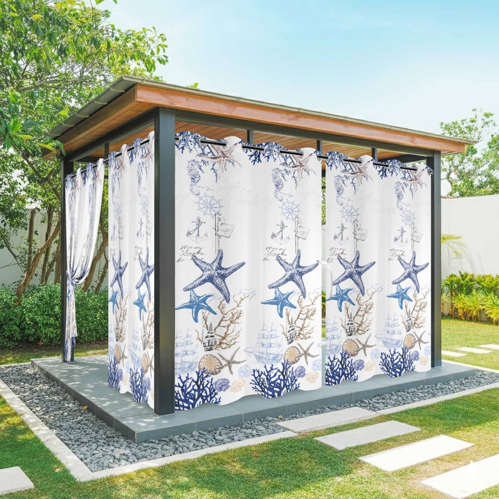 Blue Ocean Outdoor Curtains for Patio Waterproof, Starfish Shell Coral ...