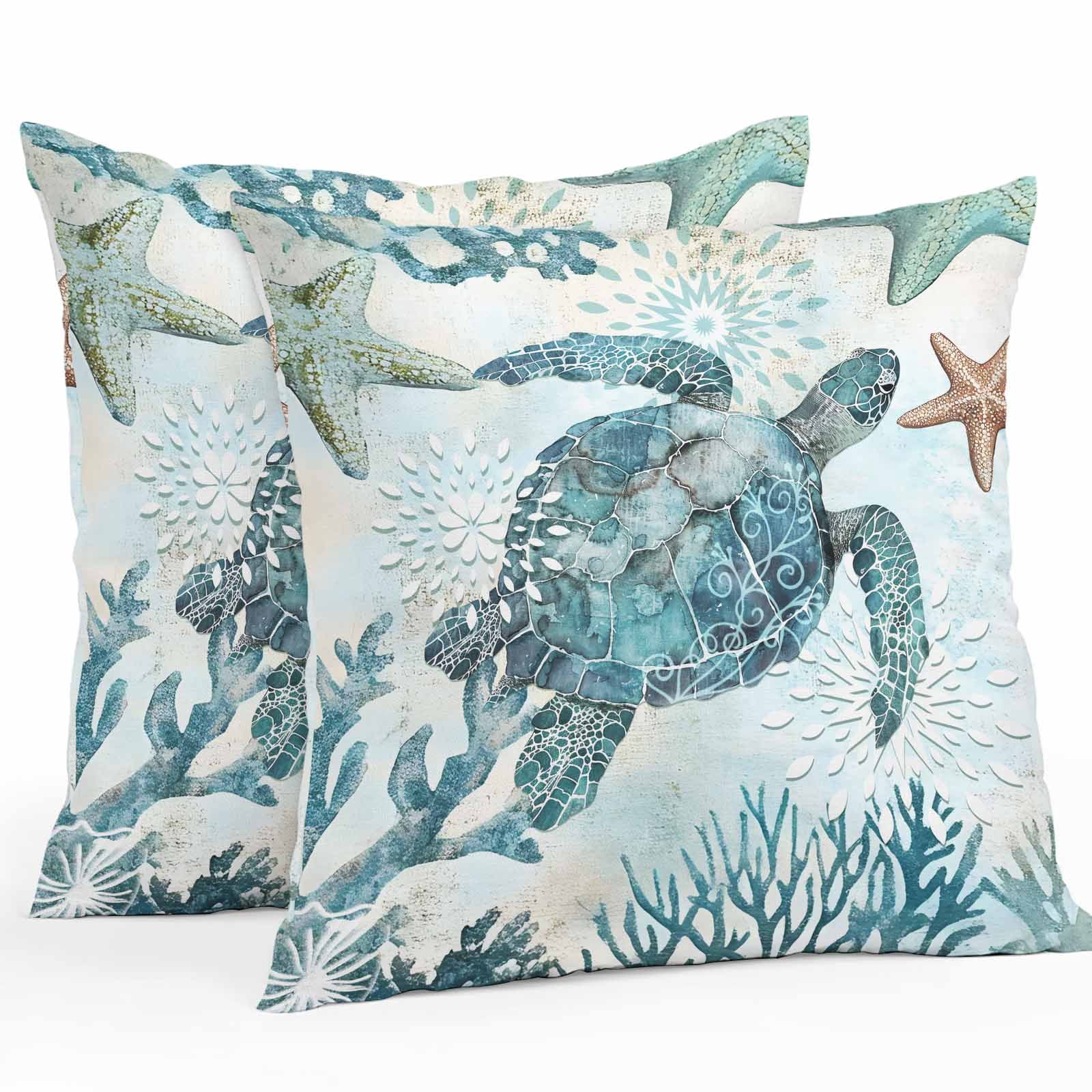Blue Ocean Outdoor Pillow Covers Pack of 2 Sea Turtle Coral Starfish ...