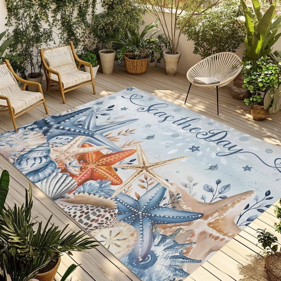 Blue Ocean Outdoor Rug 6x9 ft Seas The Day Non Slip Patio Rug Washable ...