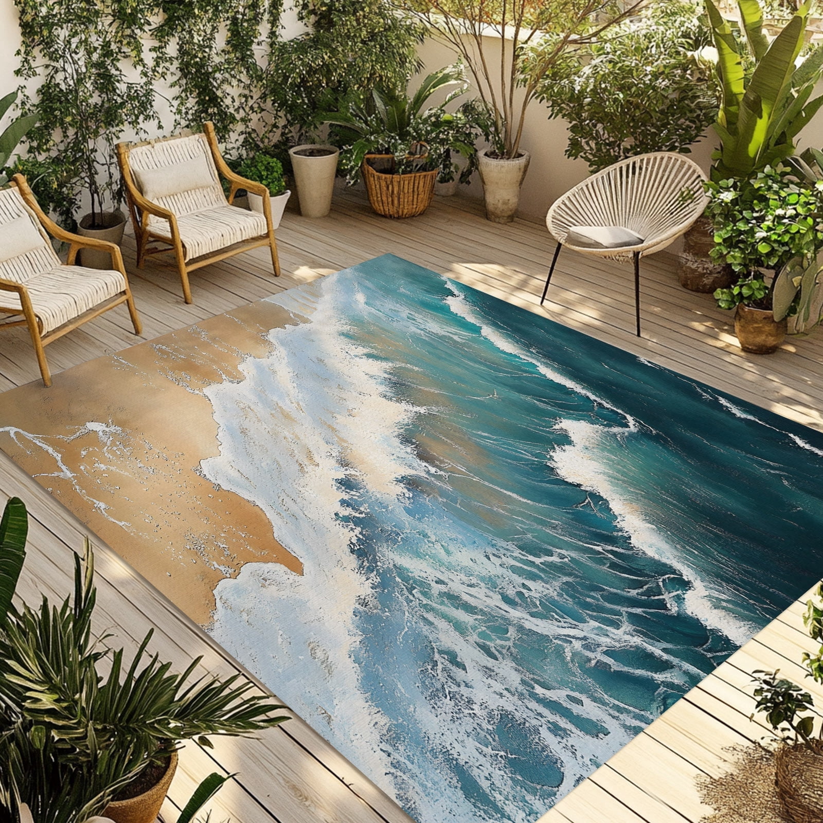Blue Ocean Outdoor Rug, Wave Texture Beach Abstract Modern Art Non-Slip ...