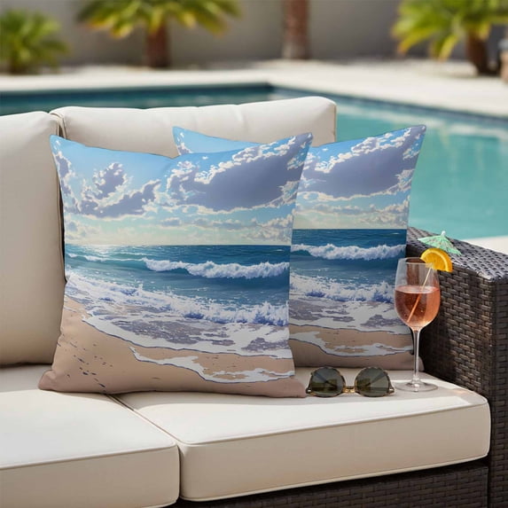 Blue Ocean Outdoor Throw Pillow Covers Set of 2, Waves Beach Cloudy Sky ...