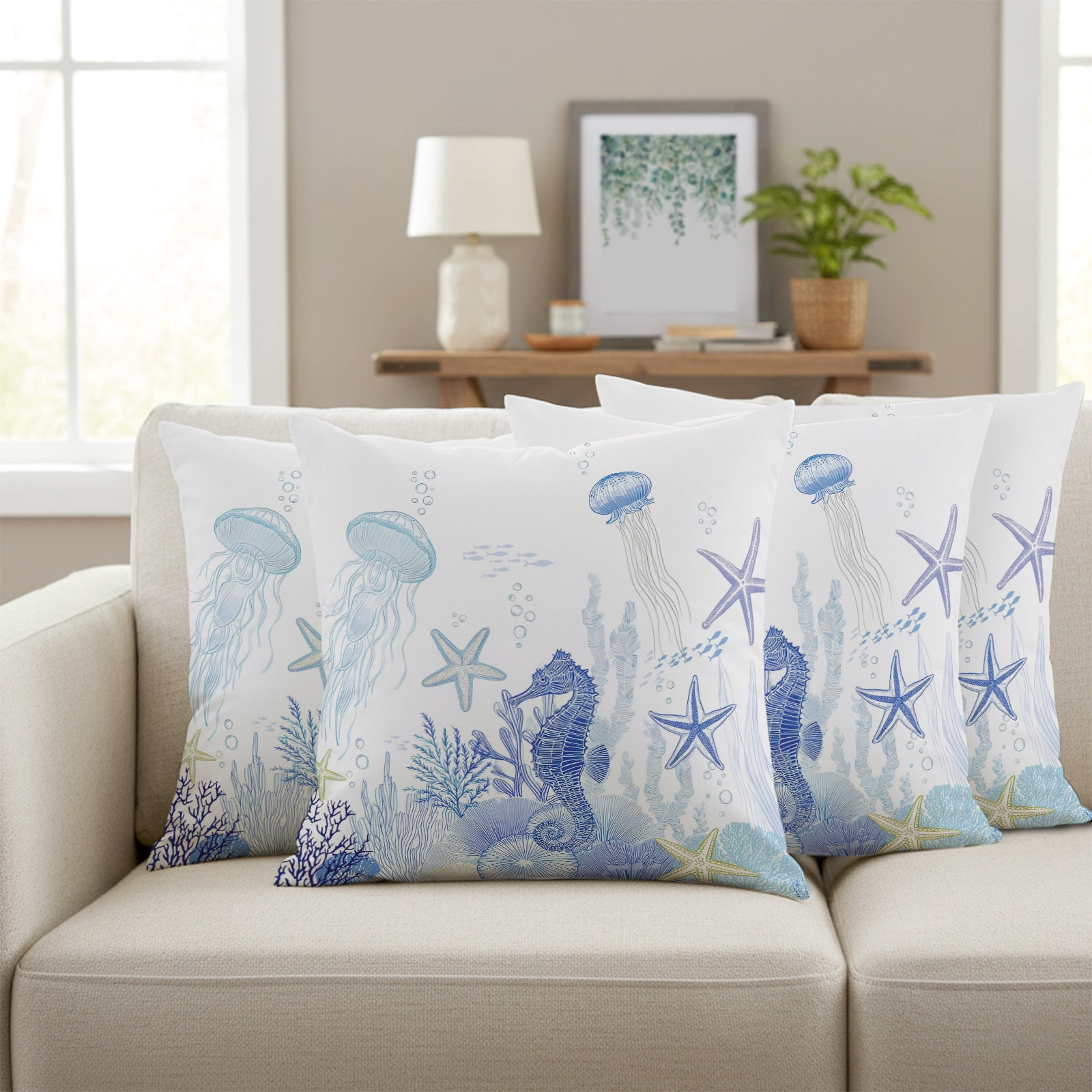 Blue Ocean Pillow Covers Set of 4, Seahorses Jellyfish Starfish ...