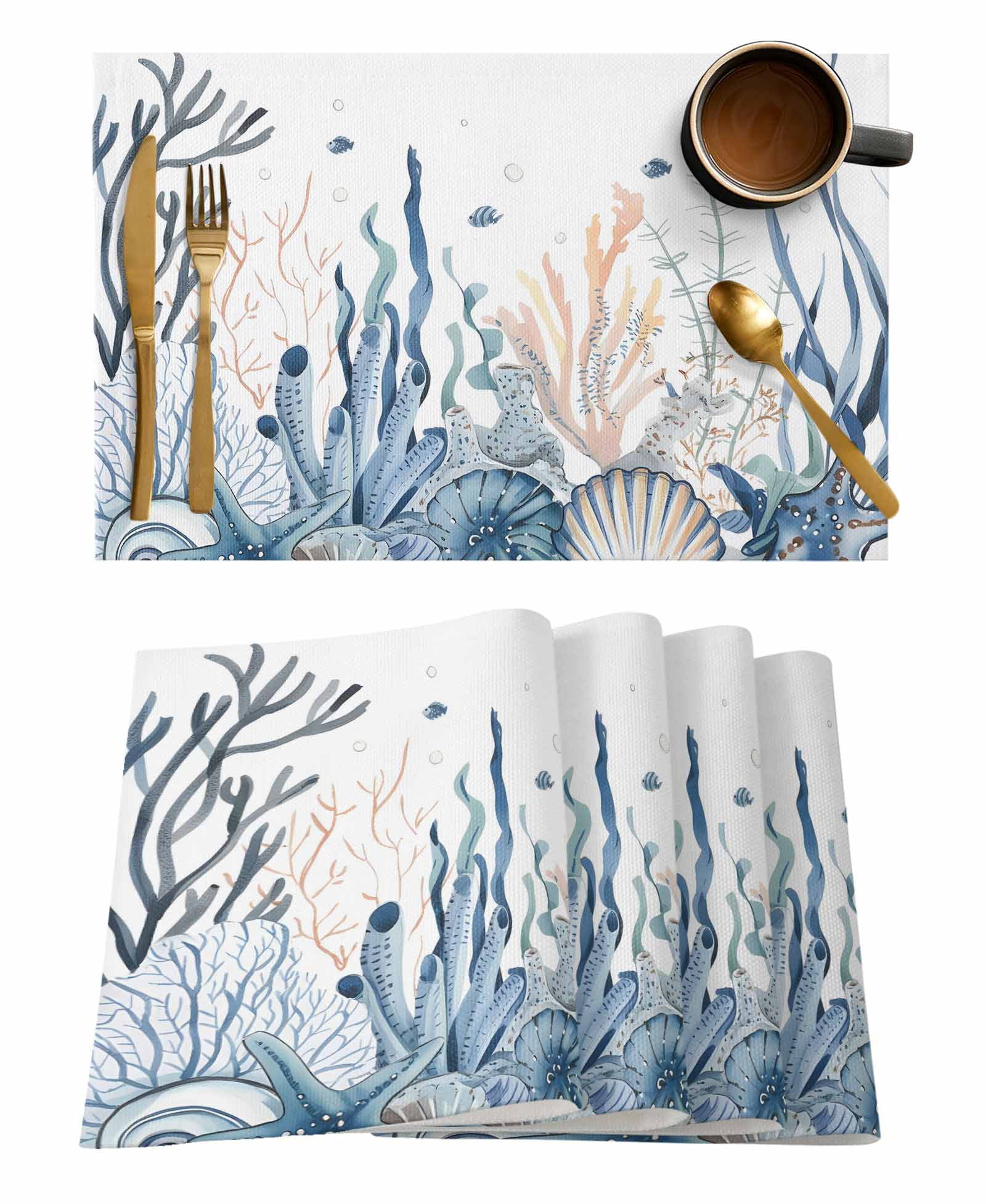 Blue Ocean Placemats Set of 2 Coral Starfish Seagrass Fish White ...