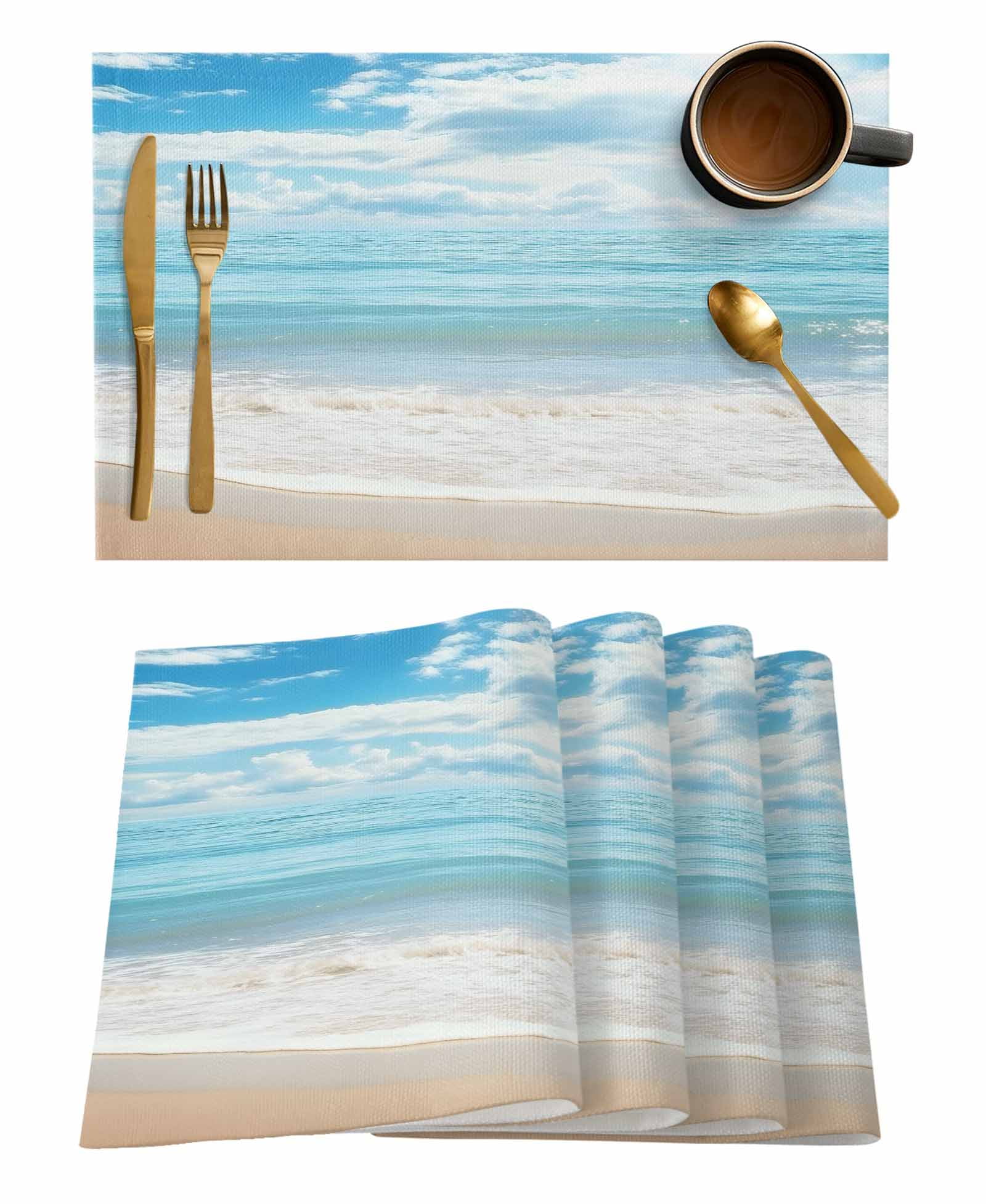 Blue Ocean Placemats Set of 4, Coastal Sea Beach Shore Sky Waves ...