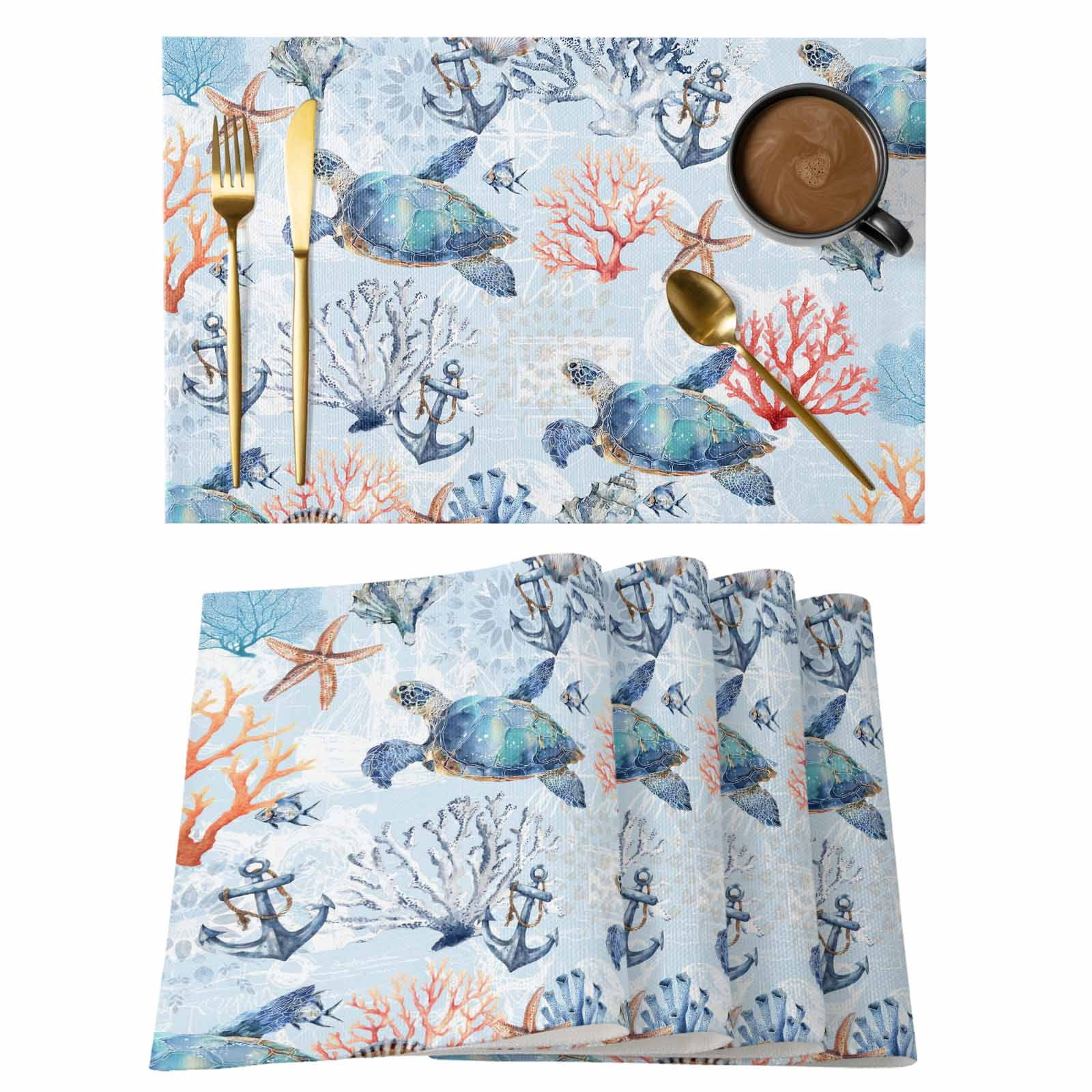 Blue Ocean Placemats Set of 4, Summer Coastal Beach Nautical Sea ...