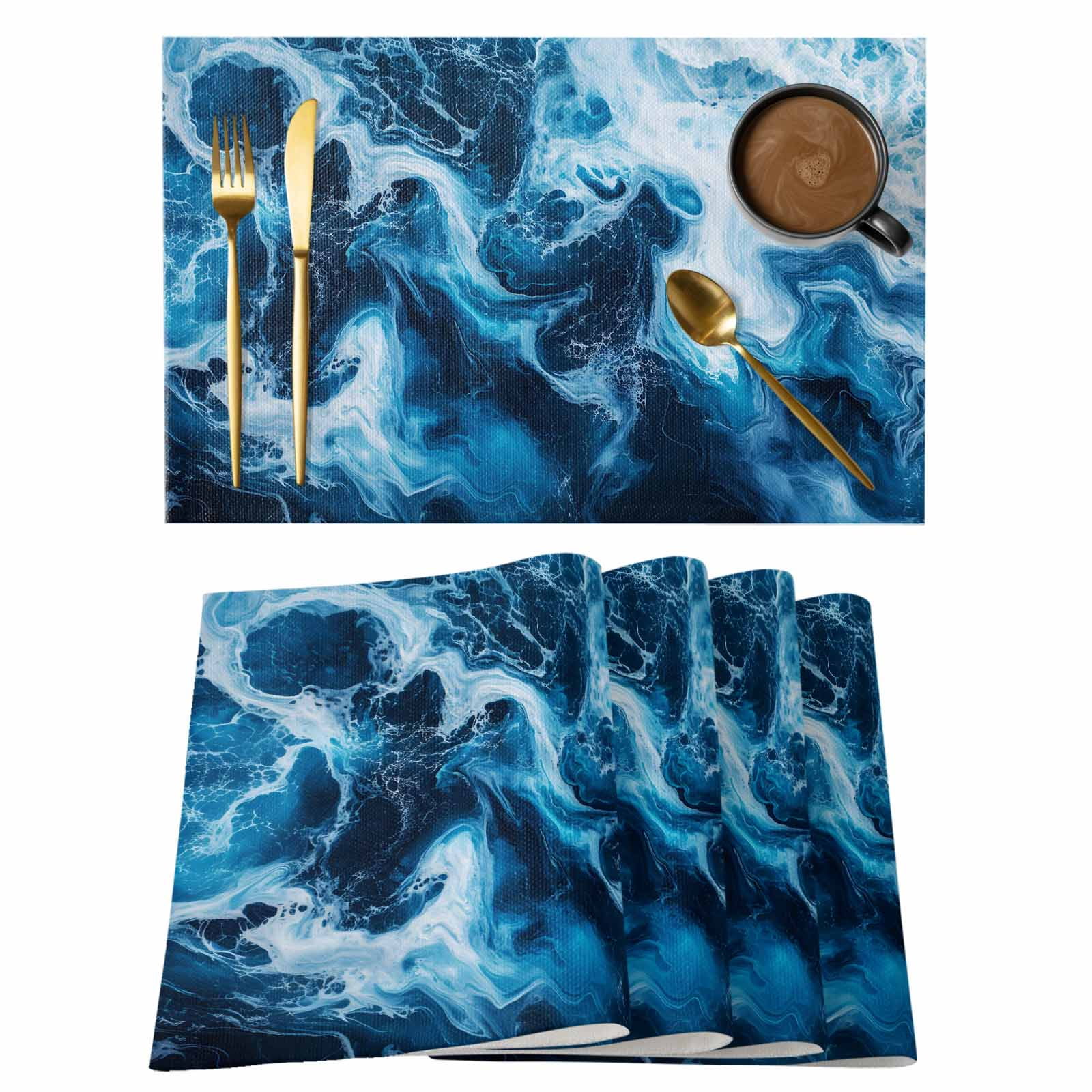 Blue Ocean Placemats Set of 6 White Seawater Coastal Nature Art Place ...