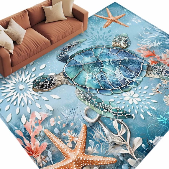 Blue Ocean Rectangle Area Rug 8x10 ft Sea Turtle Coral Starfish ...