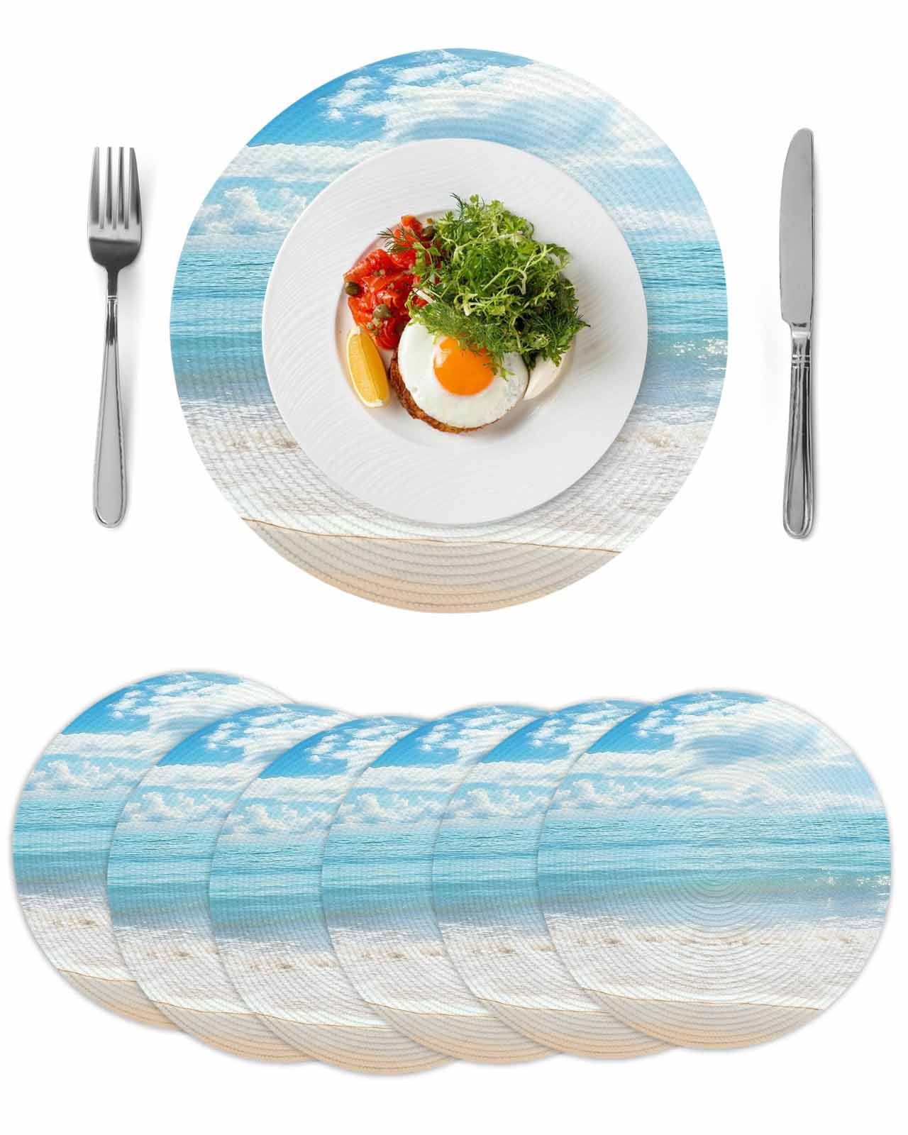 Blue Ocean Round 13 Inch Placemats Set of 6, Coastal Sea Beach Shore ...