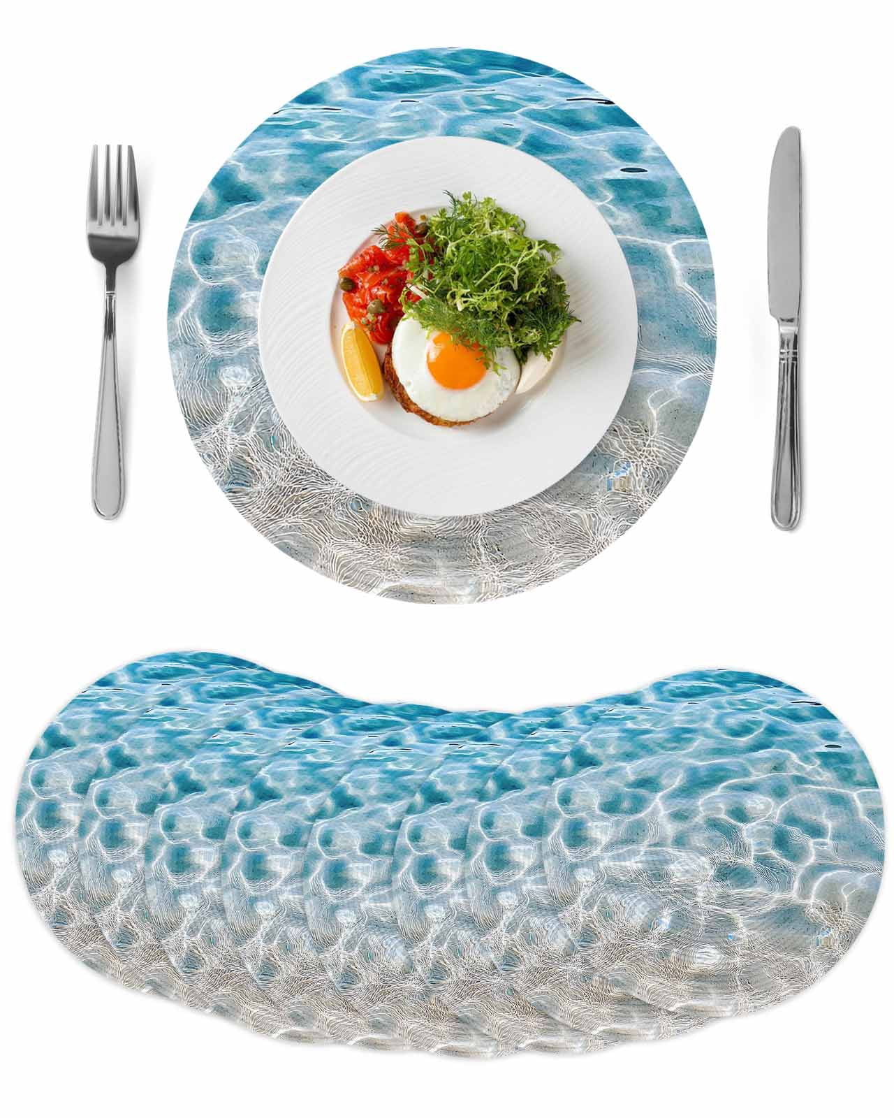Blue Ocean Round 13 Inch Placemats Set of 8, Underwater Sea Waves Water ...