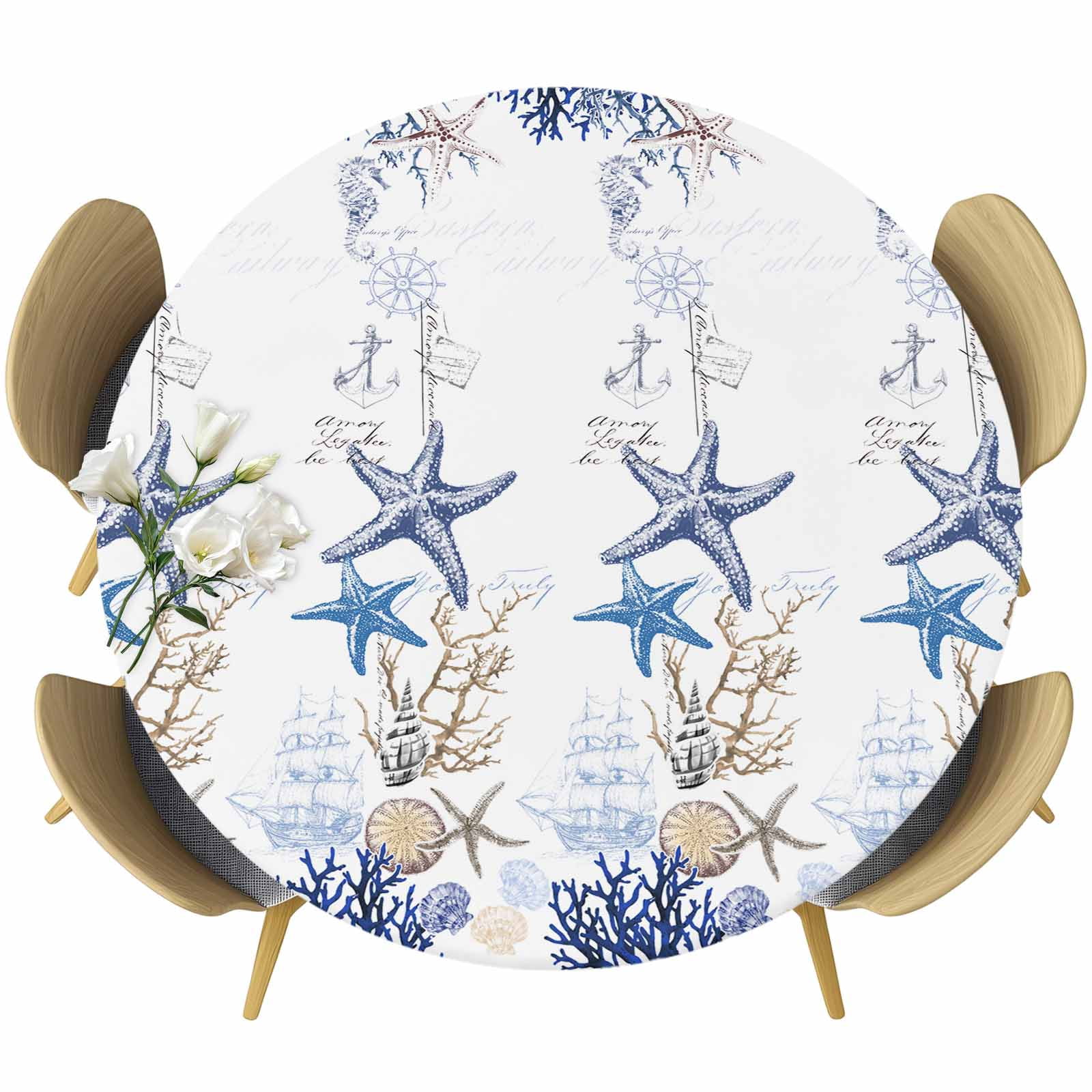 Blue Ocean Round Fitted Table Cover Starfish Shell Coral Vintage ...