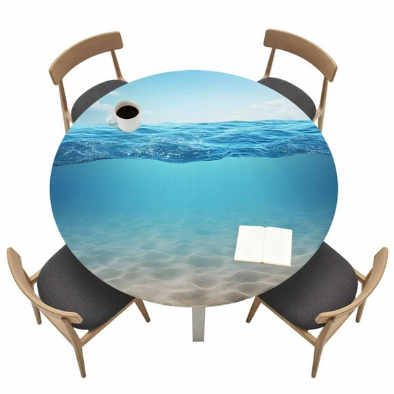 Blue Ocean Round Fitted Tablecloth with Elastic Edge Ocean Bottom View ...