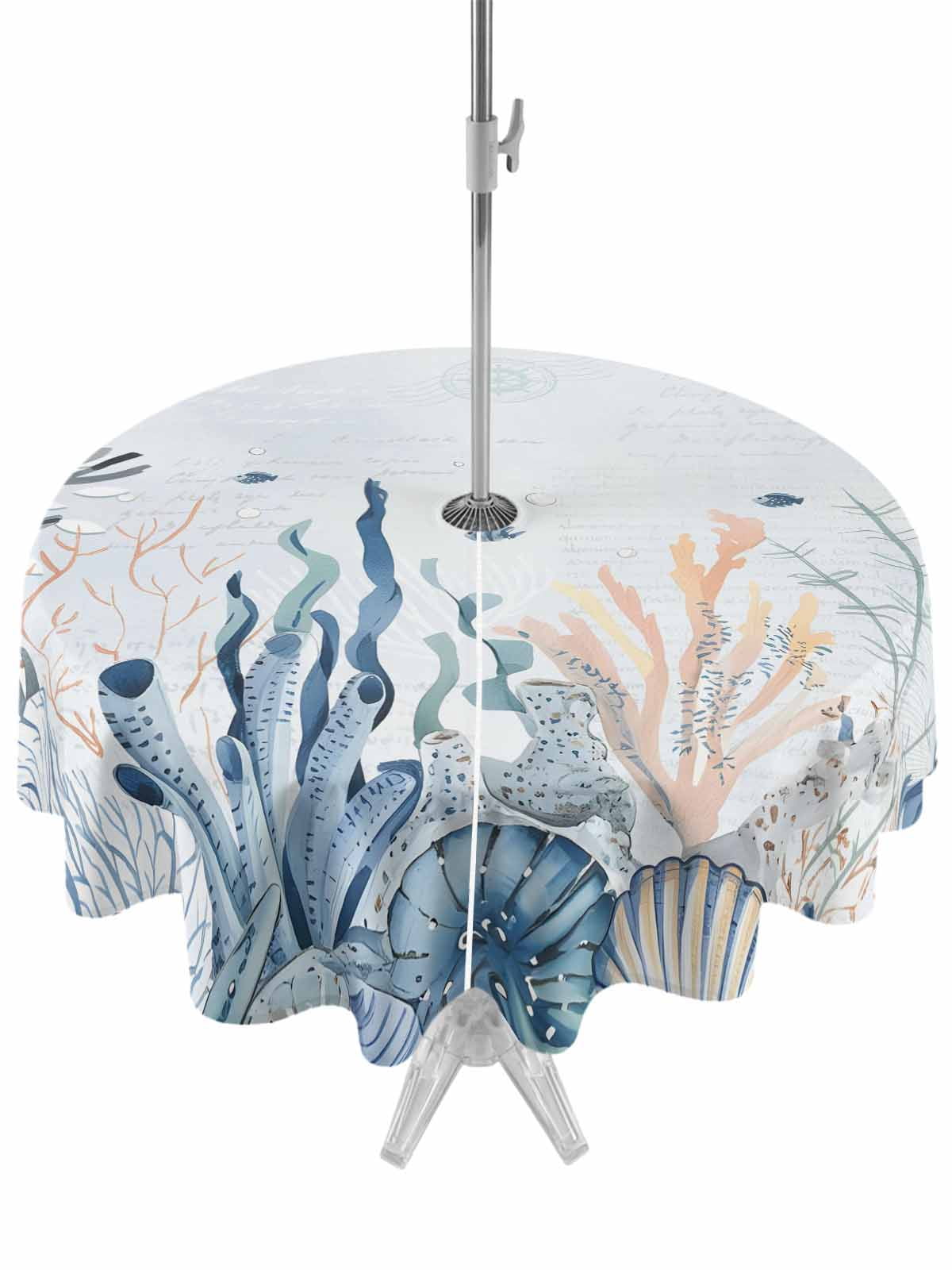 Blue Ocean Round Outdoor Tablecloth with Umbrella Hole Coral Starfish ...