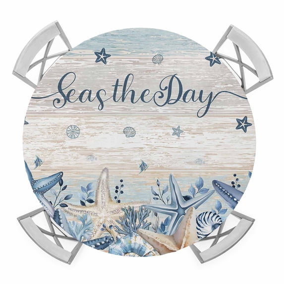 Blue Ocean Round Table Cover, Seas The Day Waterproof Fitted ...