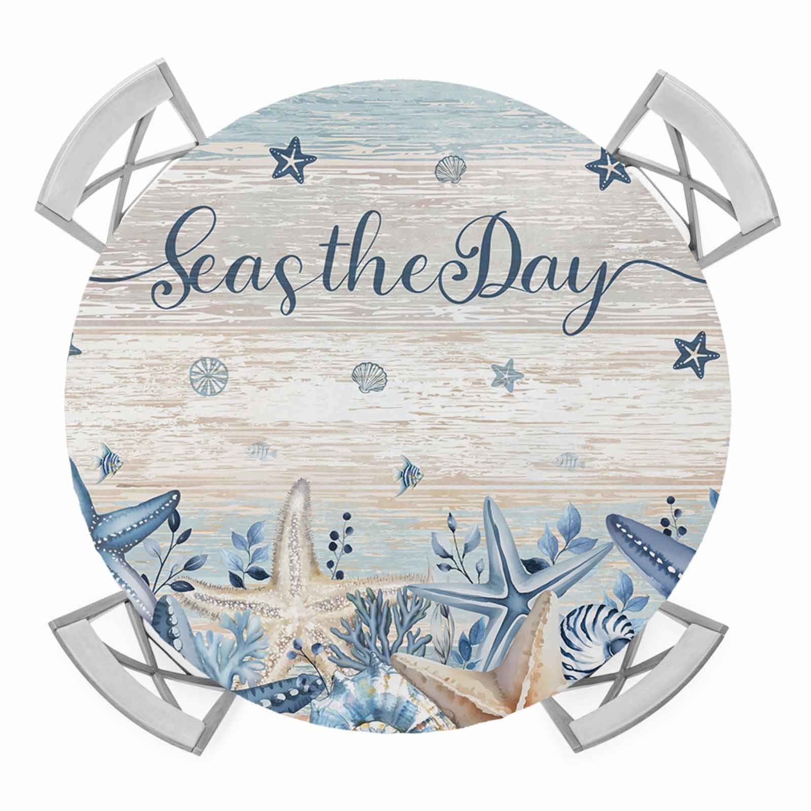 Blue Ocean Round Table Cover, Seas The Day Waterproof Fitted ...