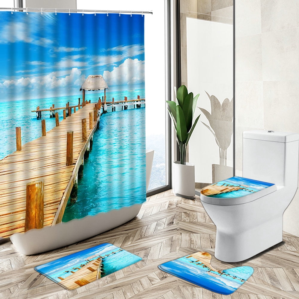 Blue Ocean Scenery Shower Curtain Tropical Green Plant Palm Tree Boat ...
