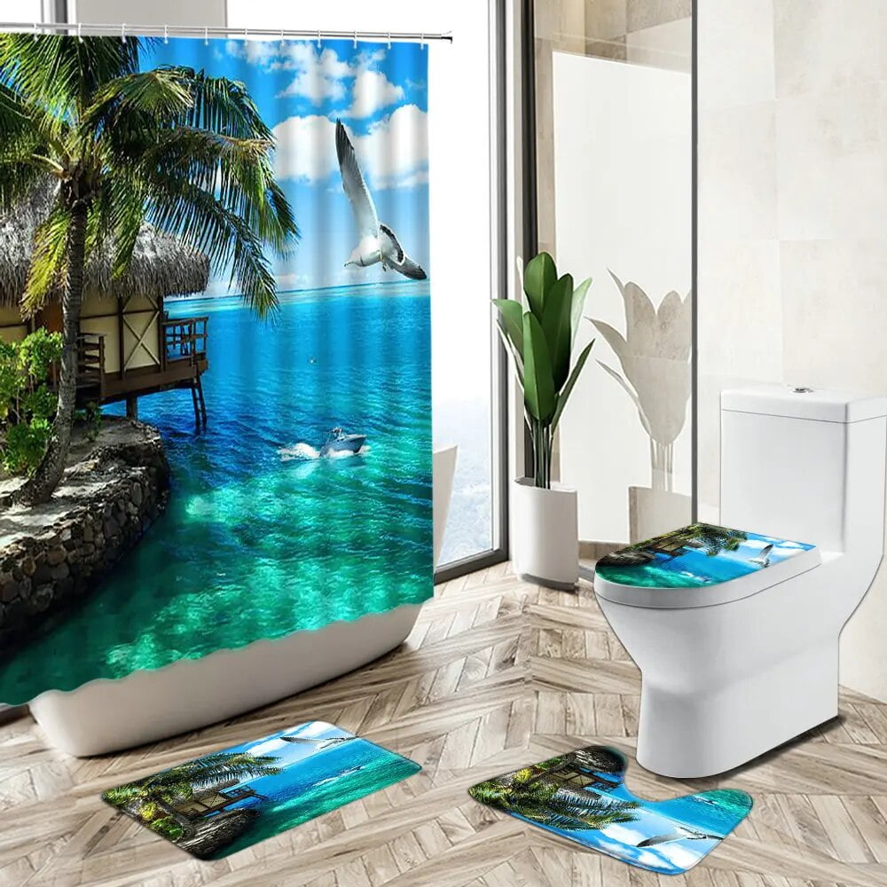 Blue Ocean Scenery Shower Curtain Tropical Green Plant Palm Tree Boat ...