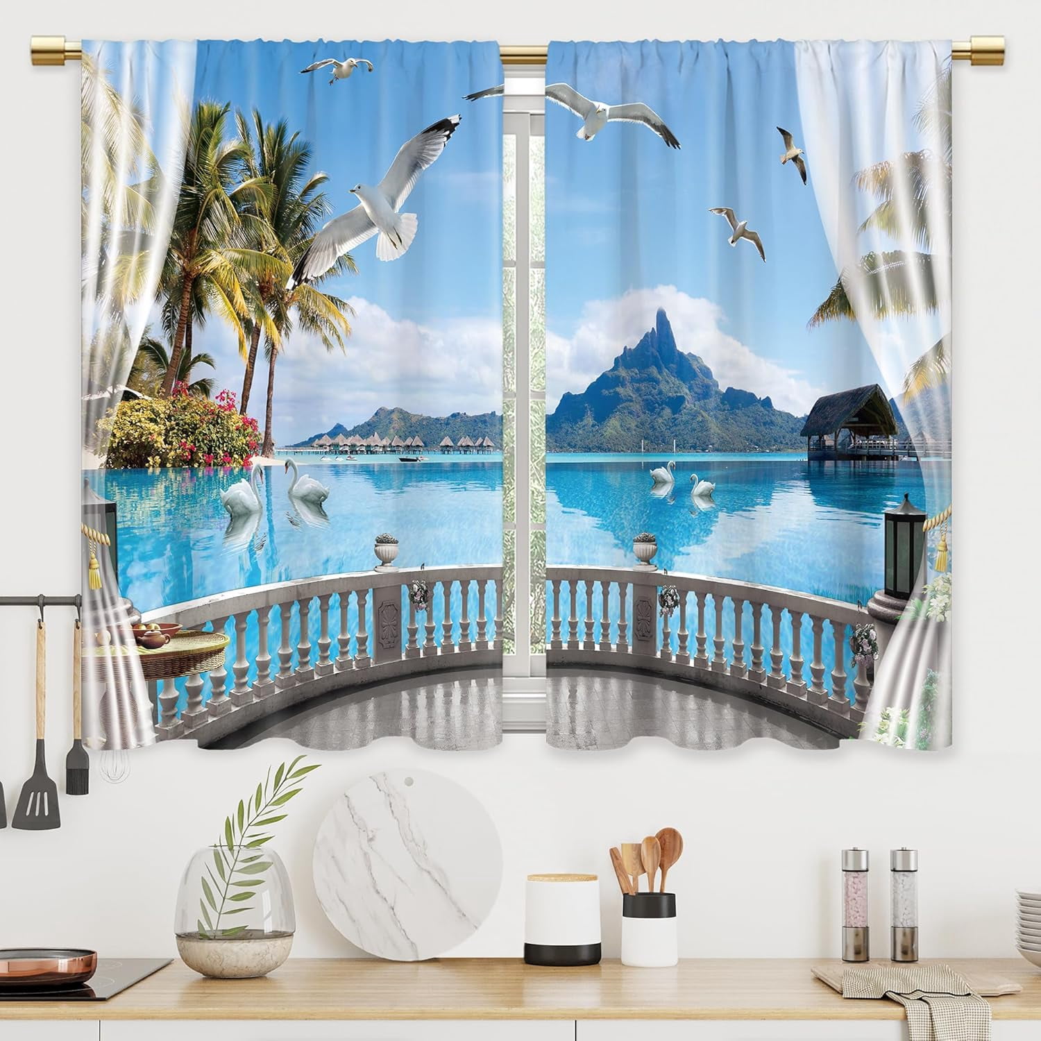 Blue Ocean Sea Kitchen Curtains Tropical Summer Hawaiian Lake Bathroom ...