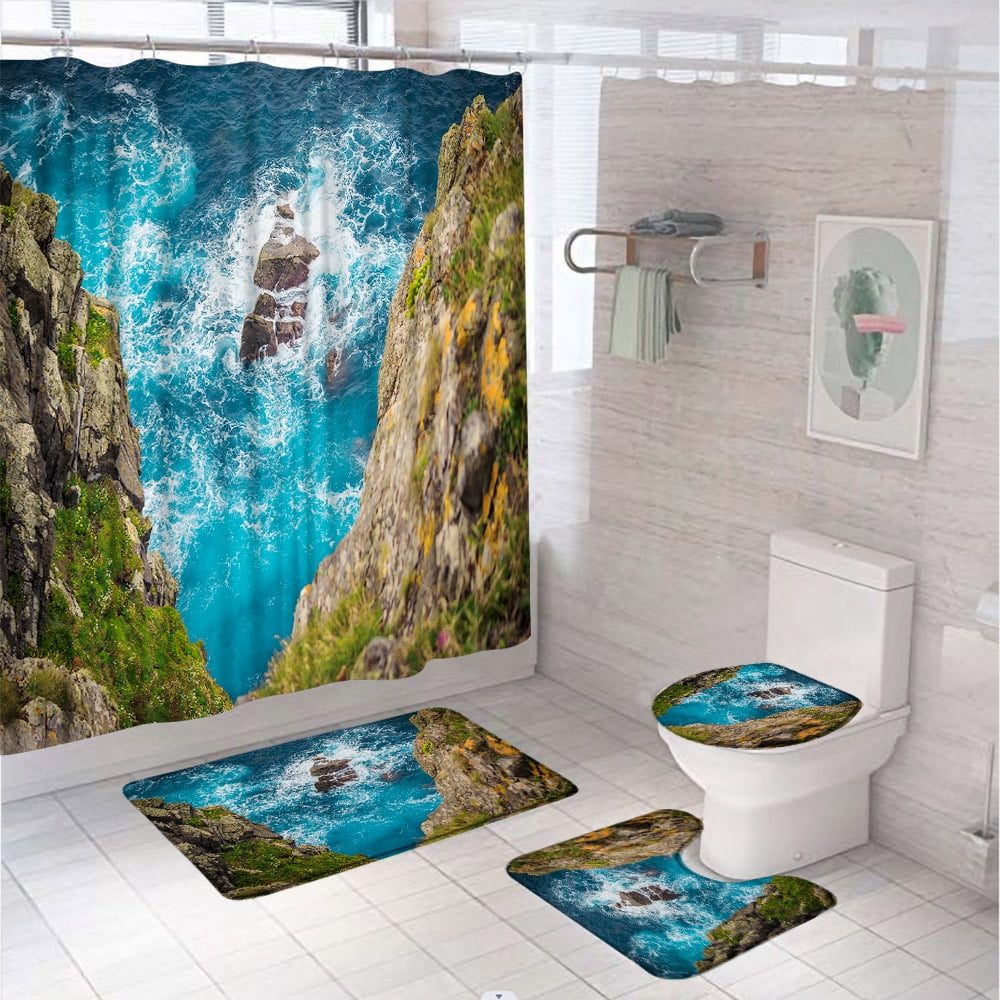 Blue Ocean Seagull Scenery Bathroom Set Shower Curtain Non-Slip Rug ...
