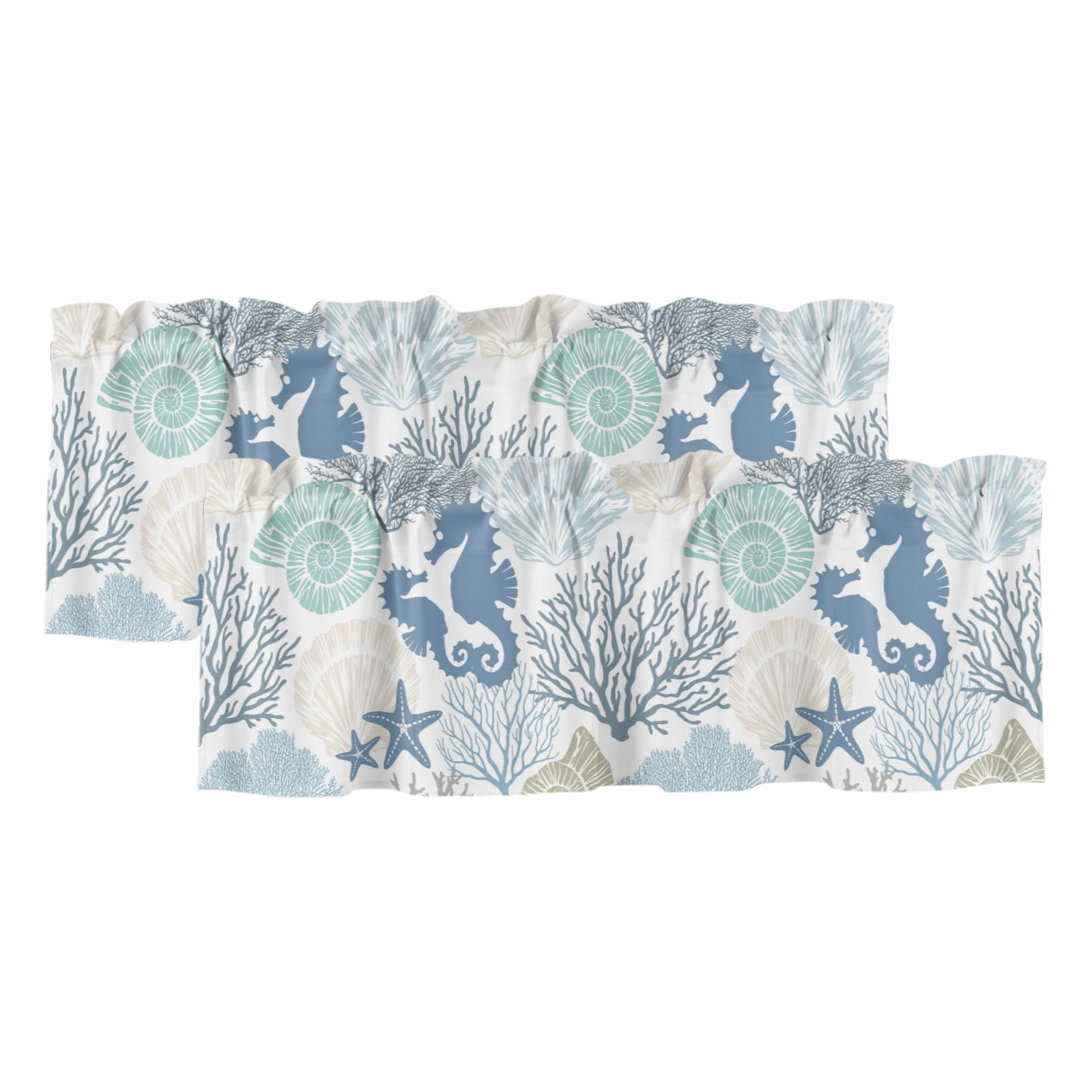 Blue Ocean Seahorse 2 Panels Kitchen Valance, Nautical Sea Watercolor ...