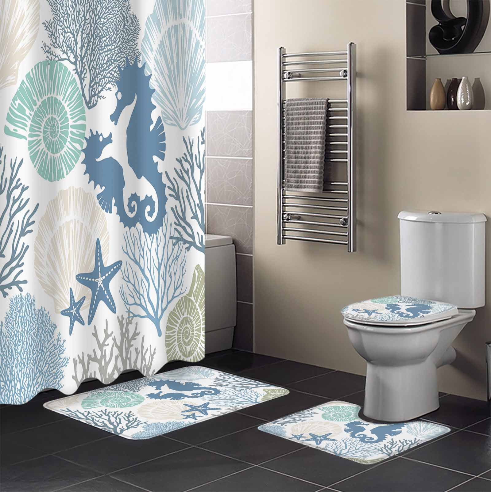 Blue Ocean Seahorse 4PCS Shower Curtains Set with Toilet Lid Cover Non ...