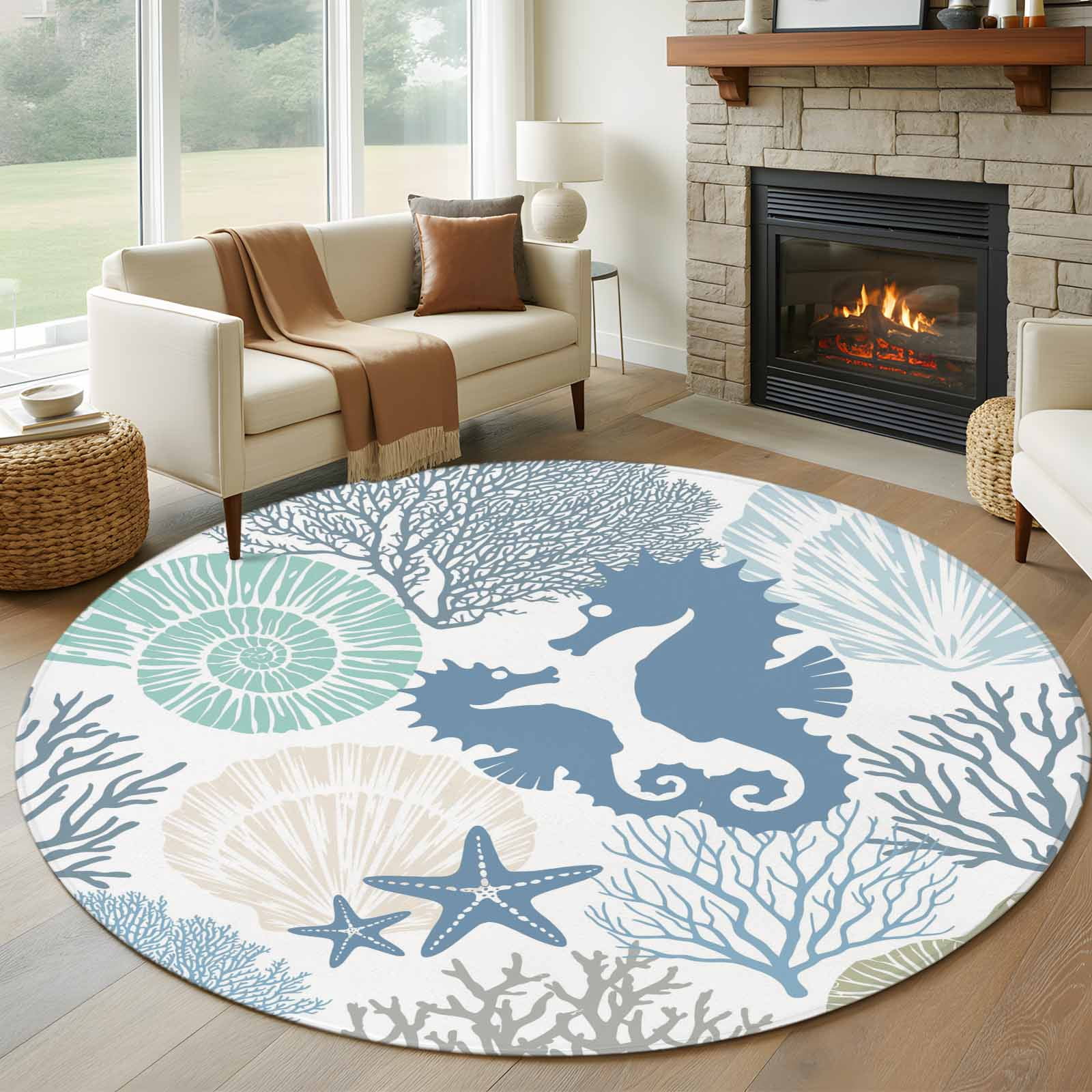 Blue Ocean Seahorse 7FT Round Area Rugs for Living Room Nautical Sea ...