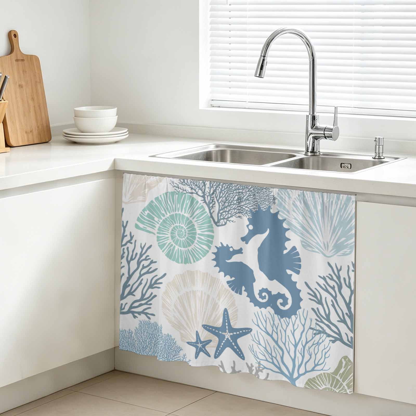 Blue Ocean Seahorse Cabinet Curtains for Kitchen 11"Wx13"L, Nautical ...