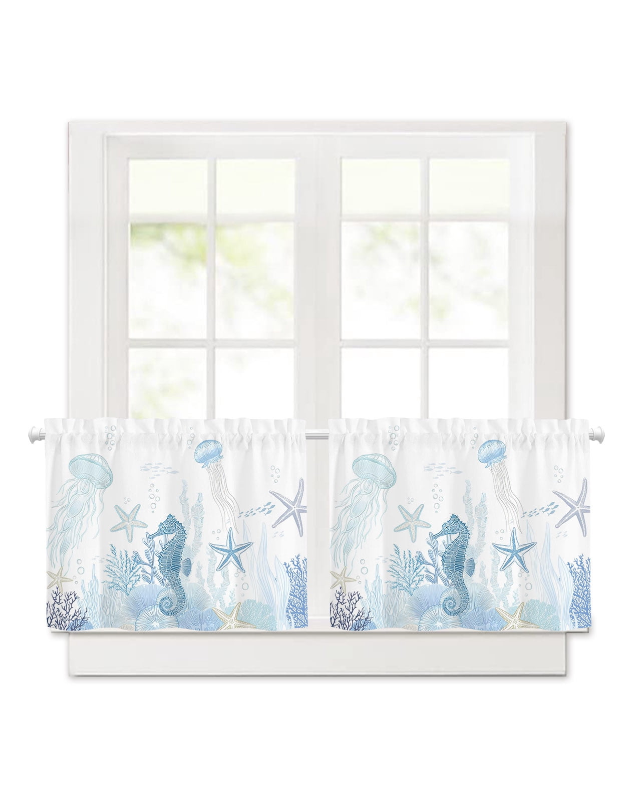 Blue Ocean Seahorse Jellyfish Short Blackout Curtains 24 Inch Long ...