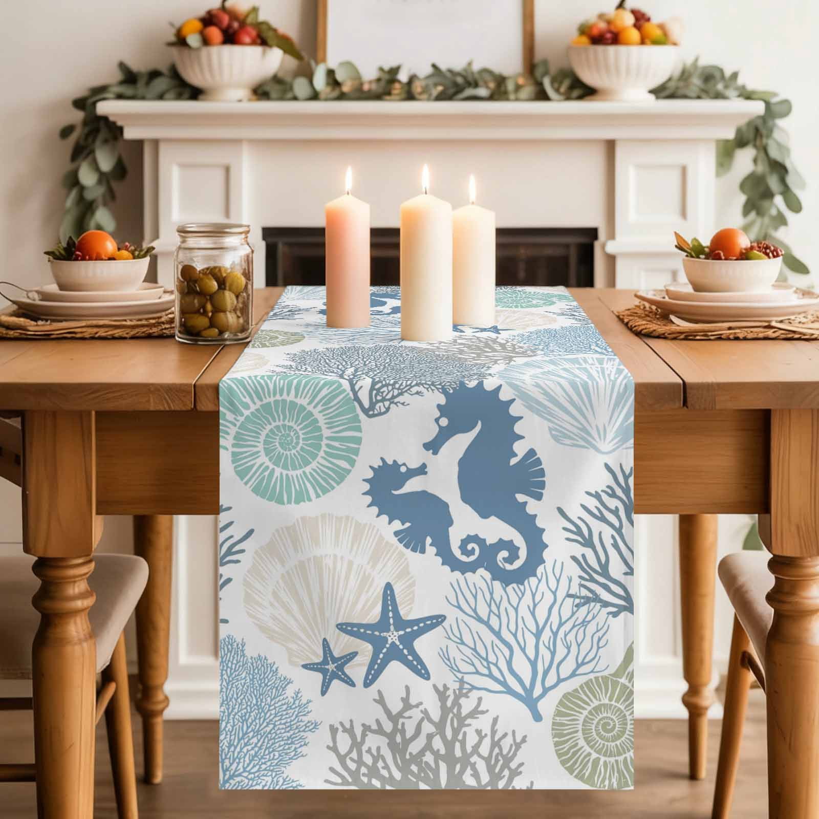 Blue Ocean Seahorse Table Runner, Nautical Sea Watercolor Teal Shells ...
