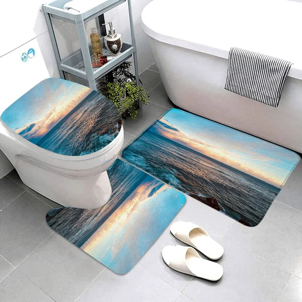 Blue Ocean Seaside Scenic Rug Set Tropical Beach Outdoor Landscape Bath ...
