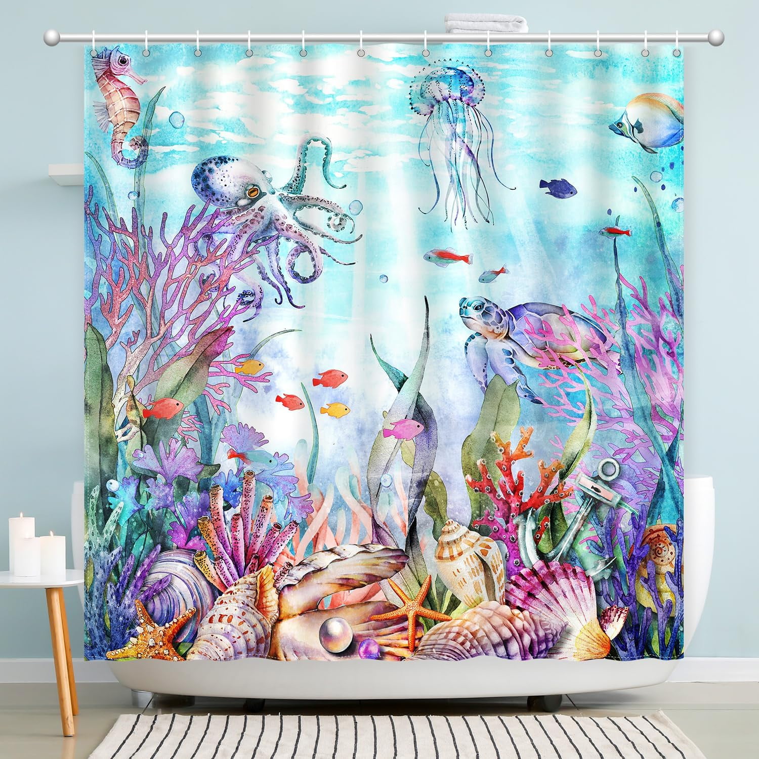 Blue Ocean Seaworld Shower Curtain, Marine Life Shower Curtain Beach ...
