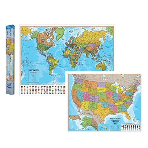 Blue Ocean Series World and USA Wall Map Combo, Laminated World Map Poster, Educational Wall Art ...